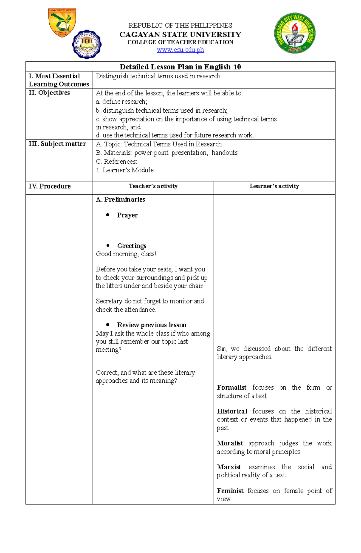 Technical Terms in Research: Detailed Lesson Plan for English 10 - Studocu