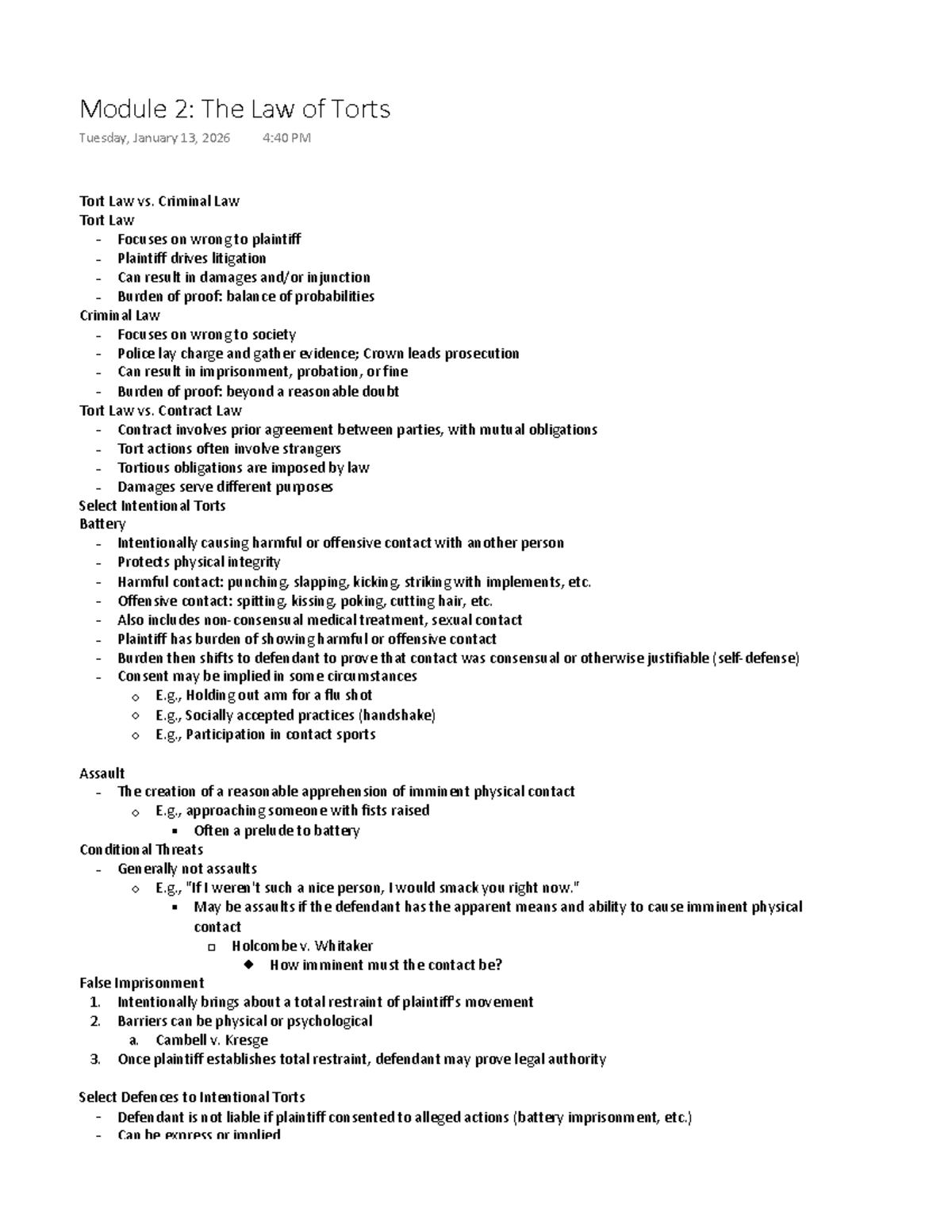 Module 2: Tort Law Overview and Key Concepts - Studocu