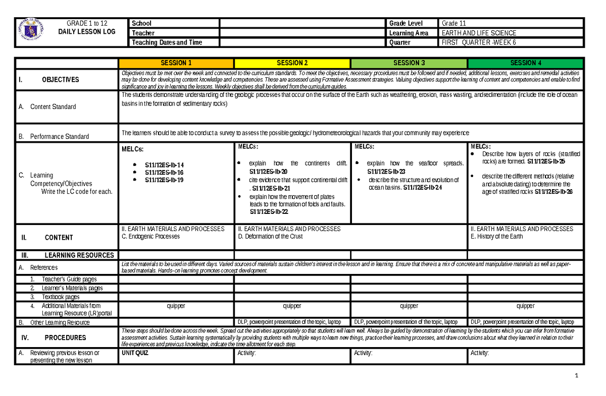 Grade 11 Earth and Life Science Daily Lesson Log - 1st Quarter - Studocu