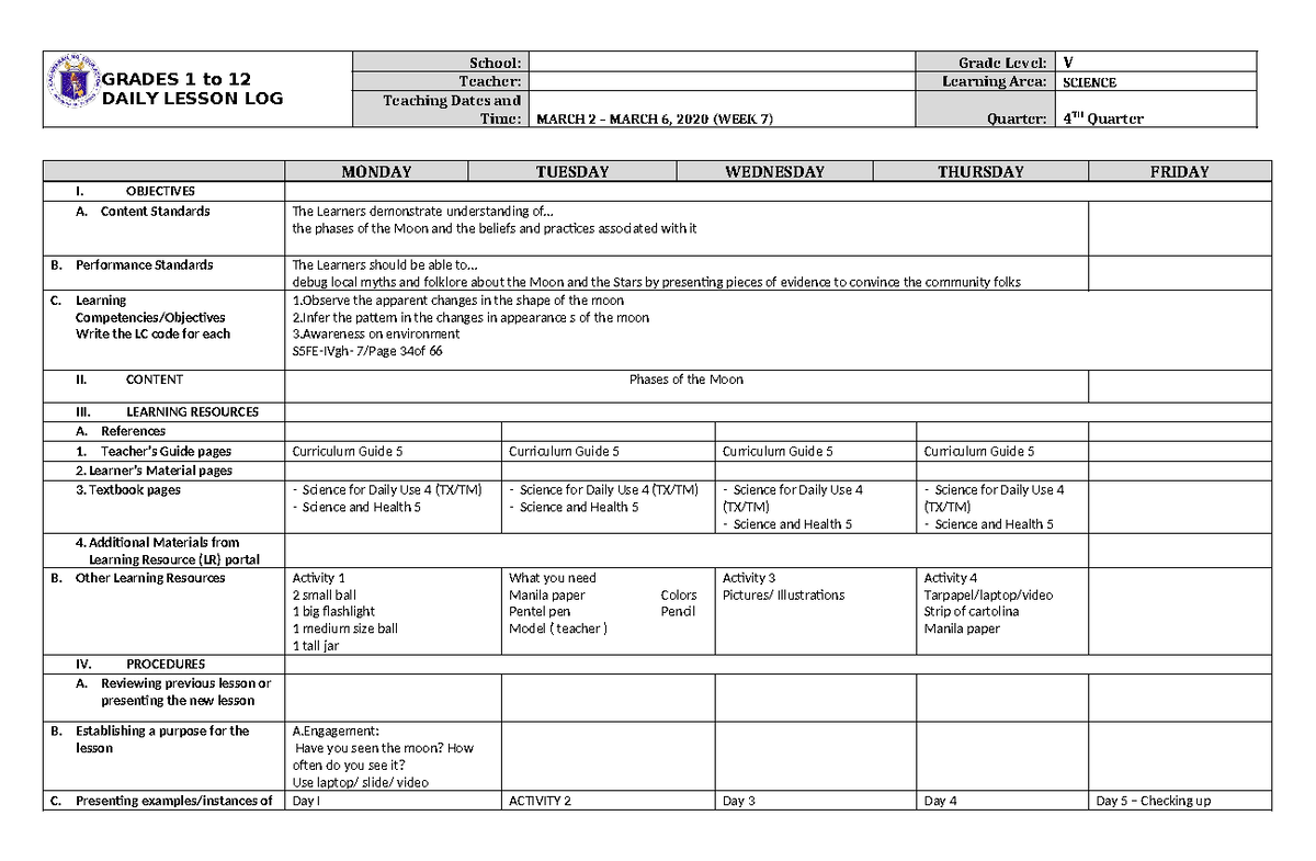 Grade 5 DLL Science Q4 Week 7: Phases of the Moon Lesson Plan - Studocu