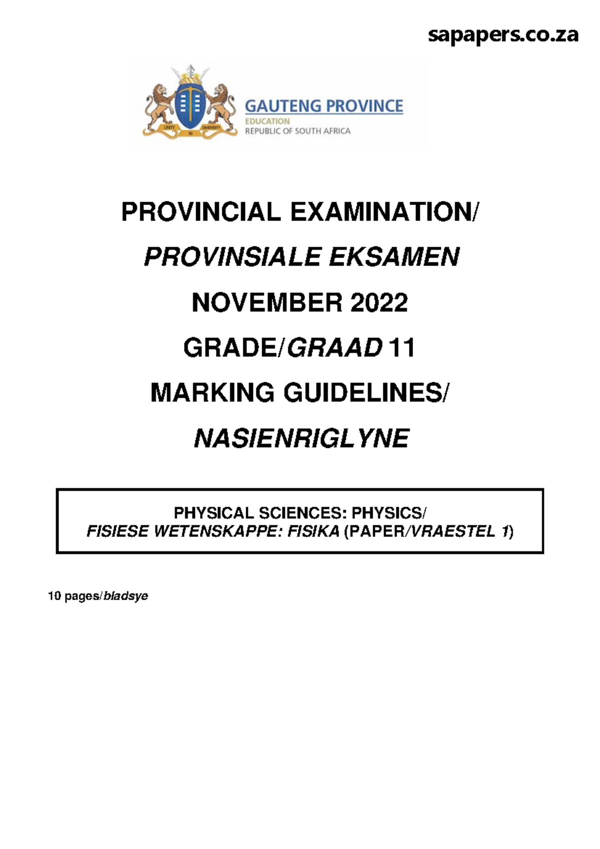 Gr 11 Physical Sciences P1 Marking Guidelines - Nov 2022 - Studocu
