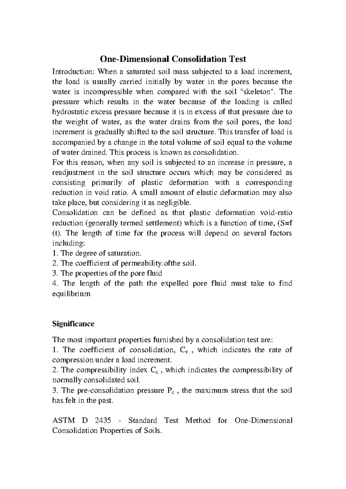 One-Dimensional Consolidation Test Lab Report - ASTM D 2435 - Studocu