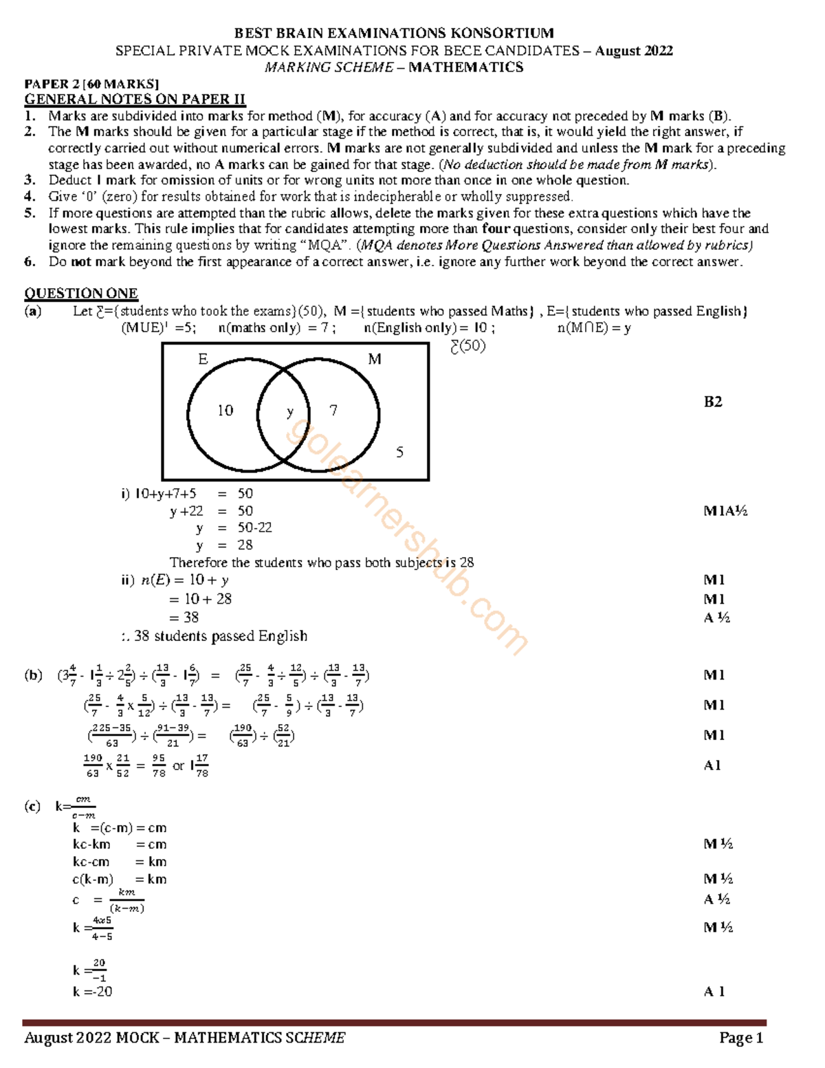 Mathematics Mock Exam Marking Scheme - August 2022 [BECE] - Studocu