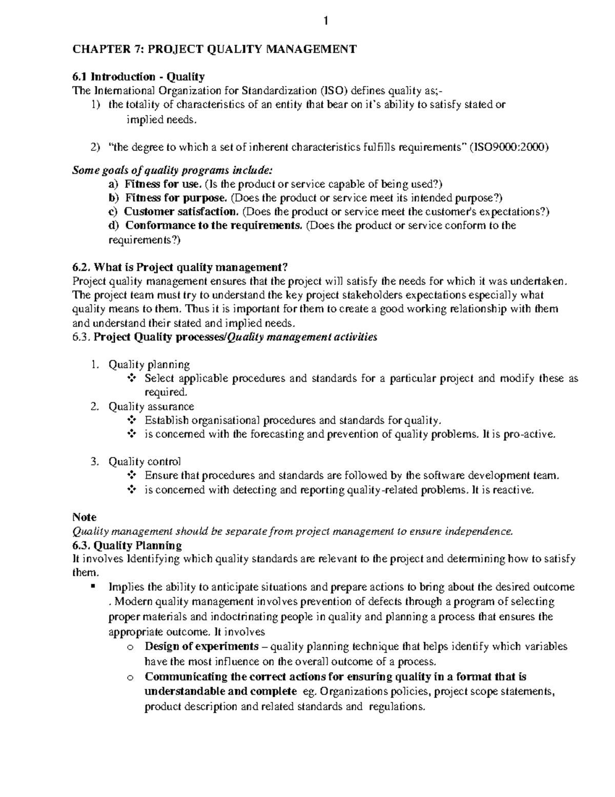 1 CHAPTER 7: PROJECT QUALITY MANAGEMENT & CONFIGURATION MANAGEMENT - Studocu