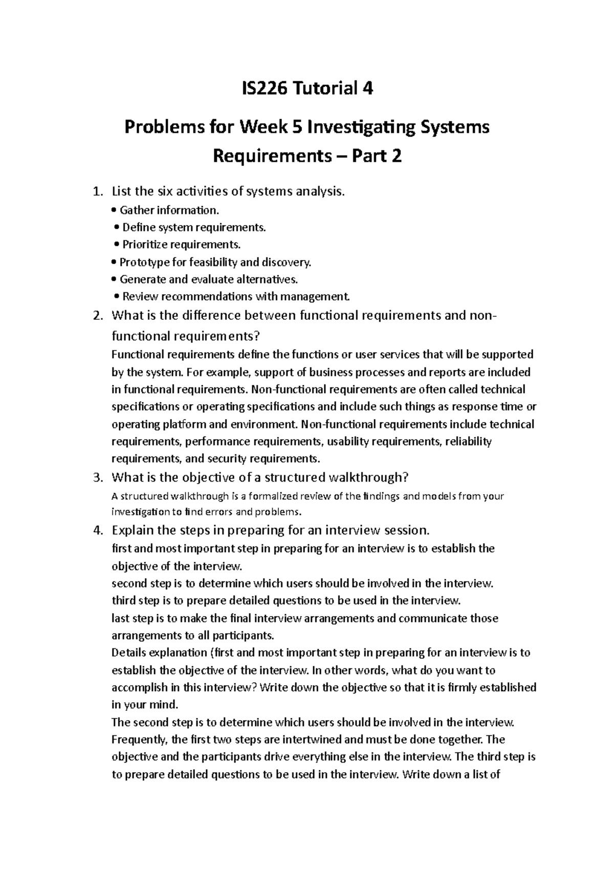 IS226 Week 5 Tutorial 4: Systems Analysis and Interview Prep Guide ...