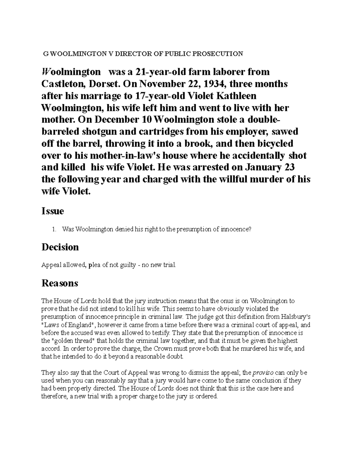Woolmington v DPP - Case Study on Presumption of Innocence & Burden of ...