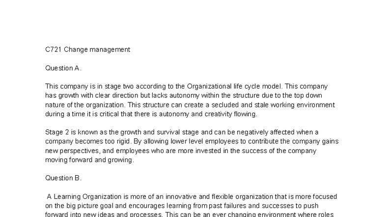 C721 Change Management Task 1: Transitioning to a Learning Organization ...