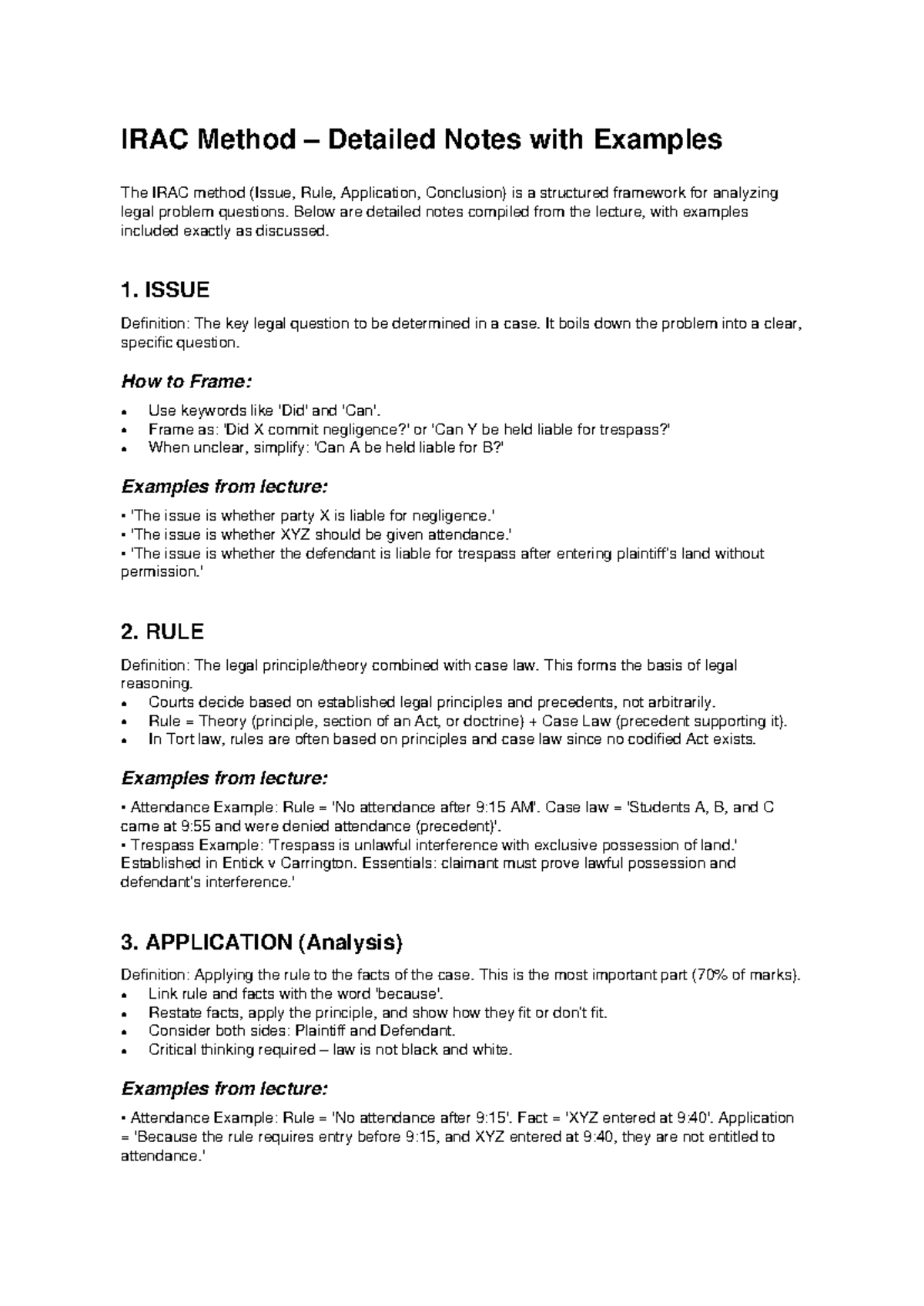 IRAC Method Notes: Legal Analysis Framework with Examples - Studocu