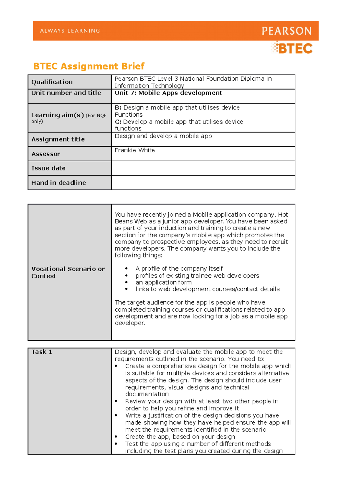 Unit 7-Authorised Assignment Brief for Learning Aims B and C-Mobile Appls Development - BTEC ...