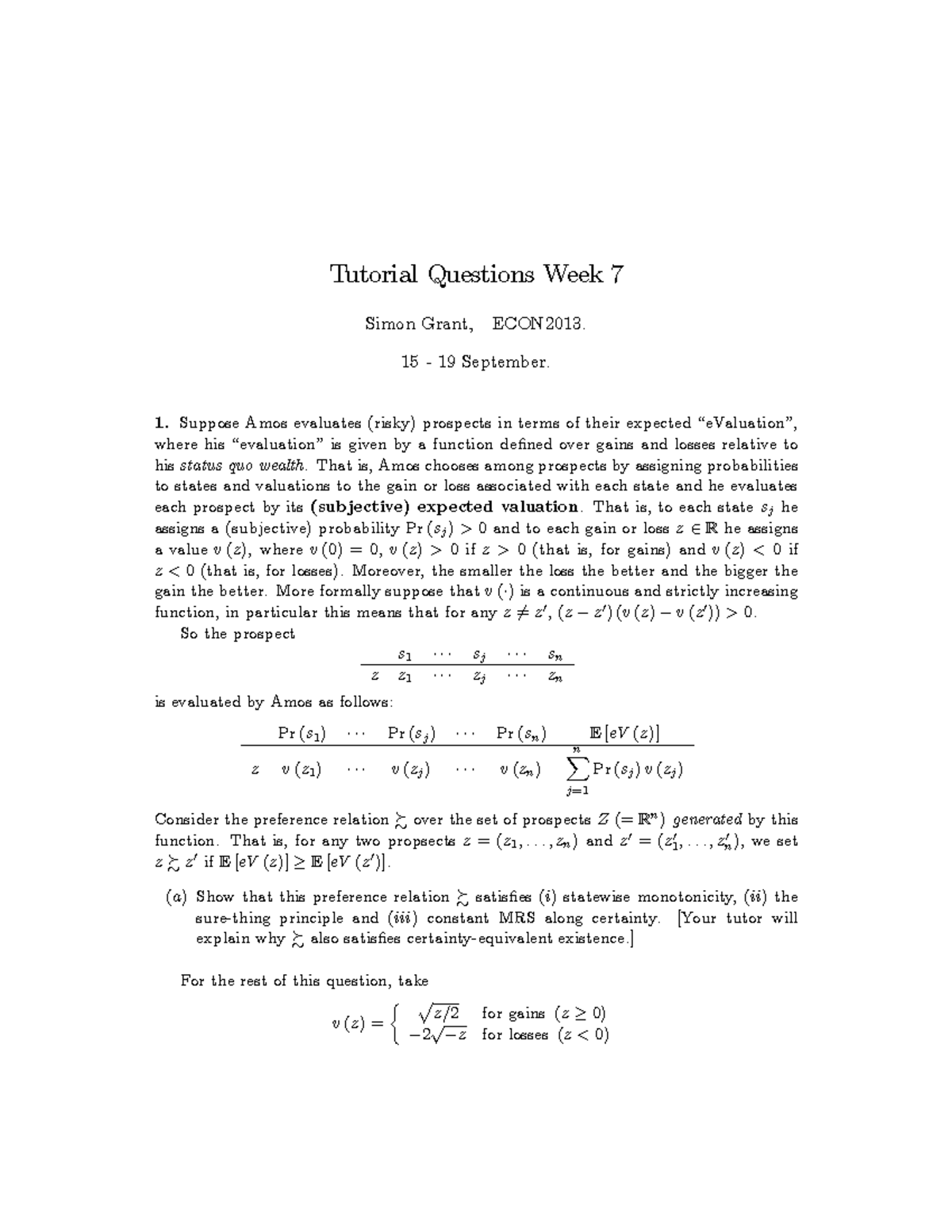 ECON2013 Tutorial Questions Week 7: Expected Valuation Analysis - Studocu