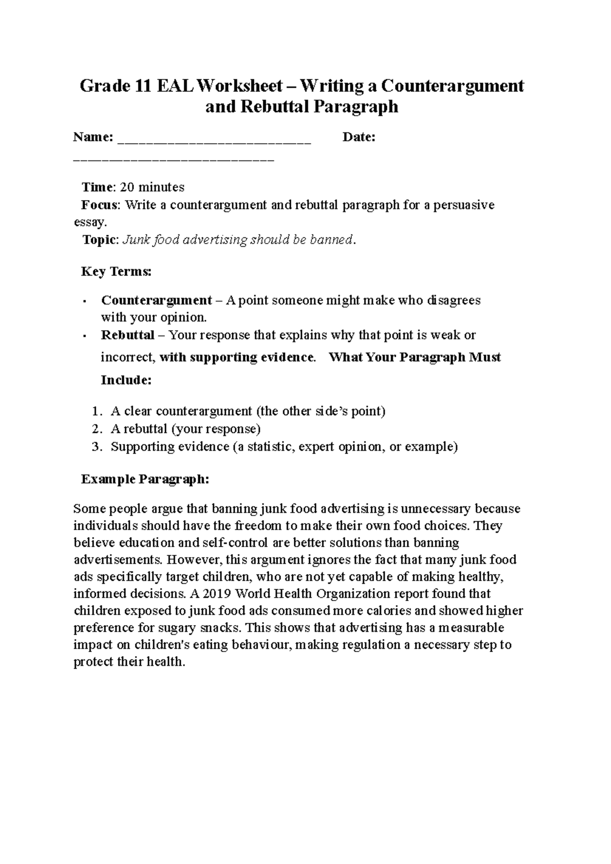 Grade 11 EAL Worksheet: Writing Counterarguments & Rebuttals - Studocu