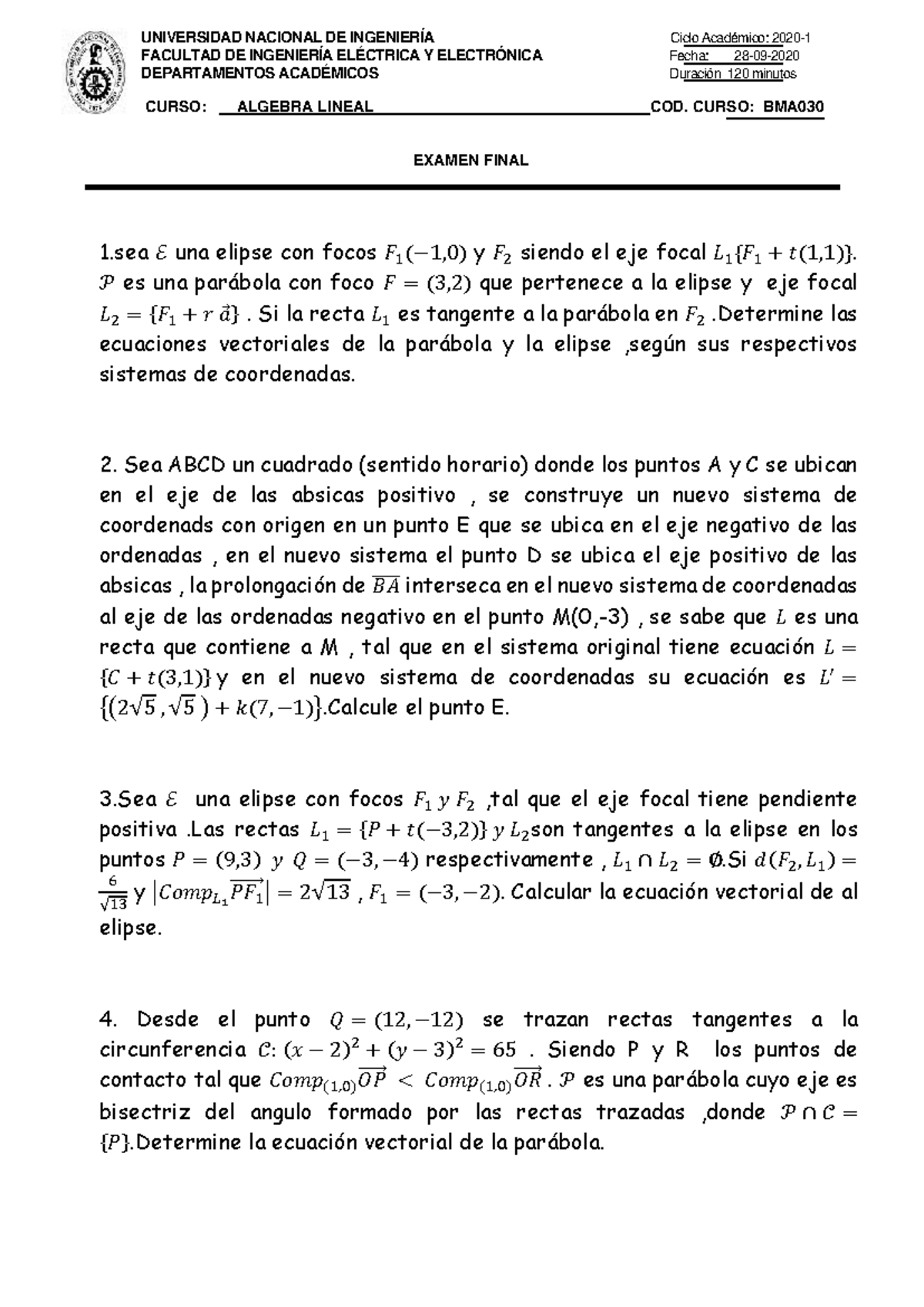 Examen Final BMA030: Ecuaciones de Elipses y Parábolas - Studocu