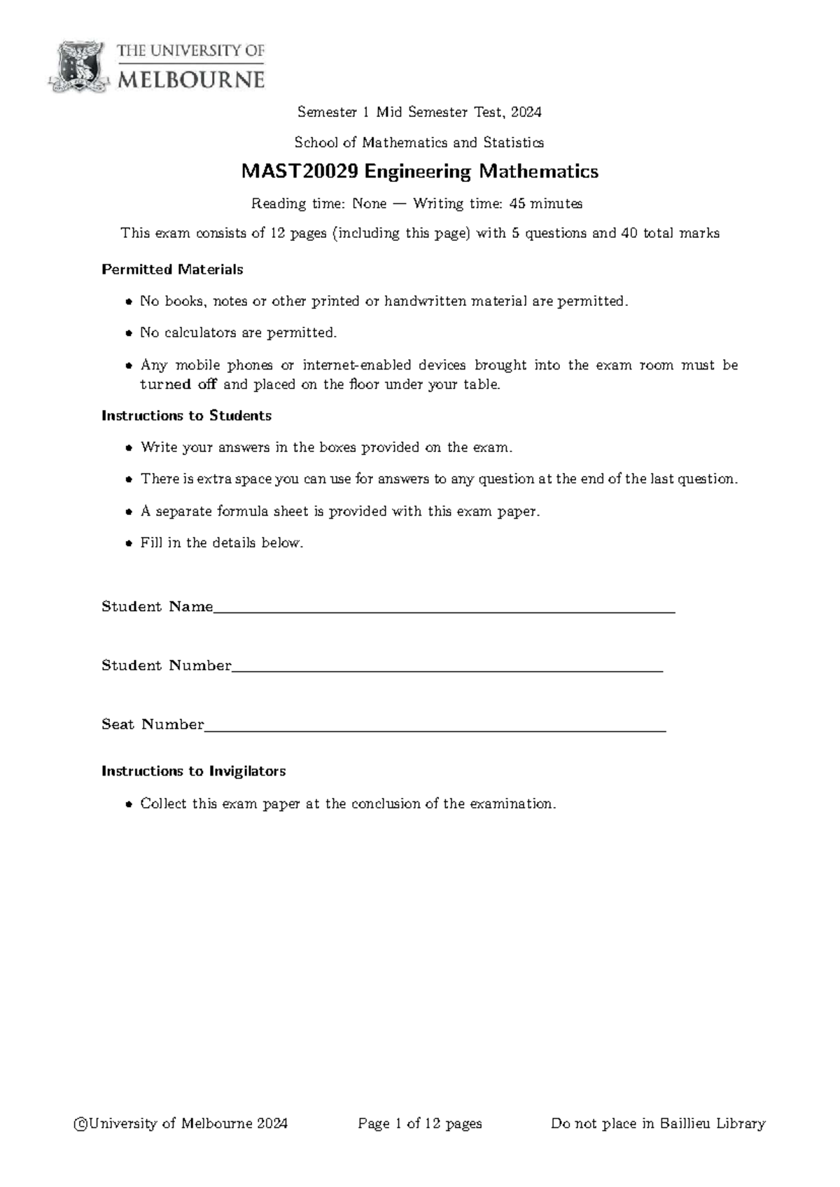 MAST20029 Engineering Mathematics Semester 1 Mid-Semester Test 2024 ...