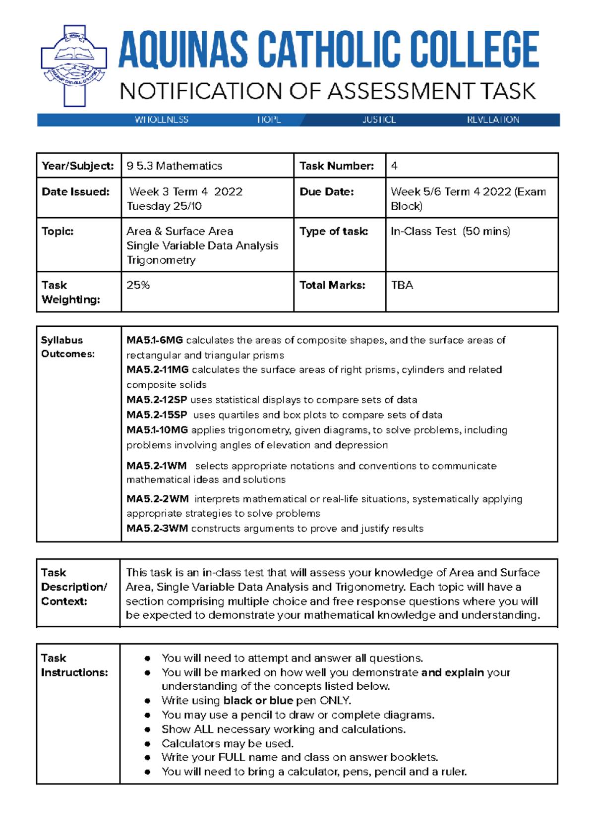 Mathematics Test 9 5.3 T4: Area, Surface Area & Data Analysis - Studocu