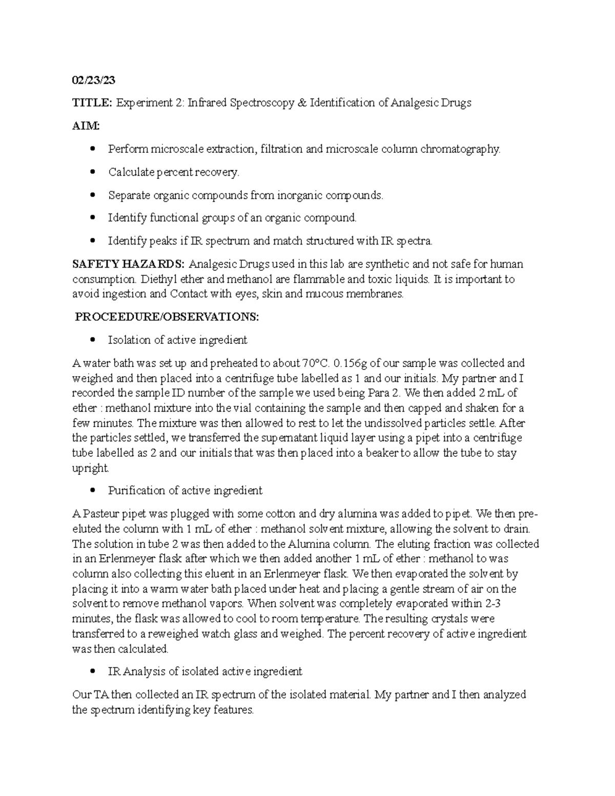 Orgo 2 Lab 2: IR Spectroscopy & Analgesic Drug Identification Report ...