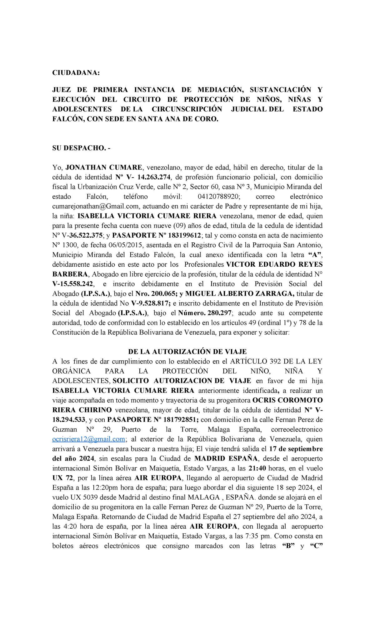 Autorización de Viaje para Isabella Victoria Cumare Riera - Studocu