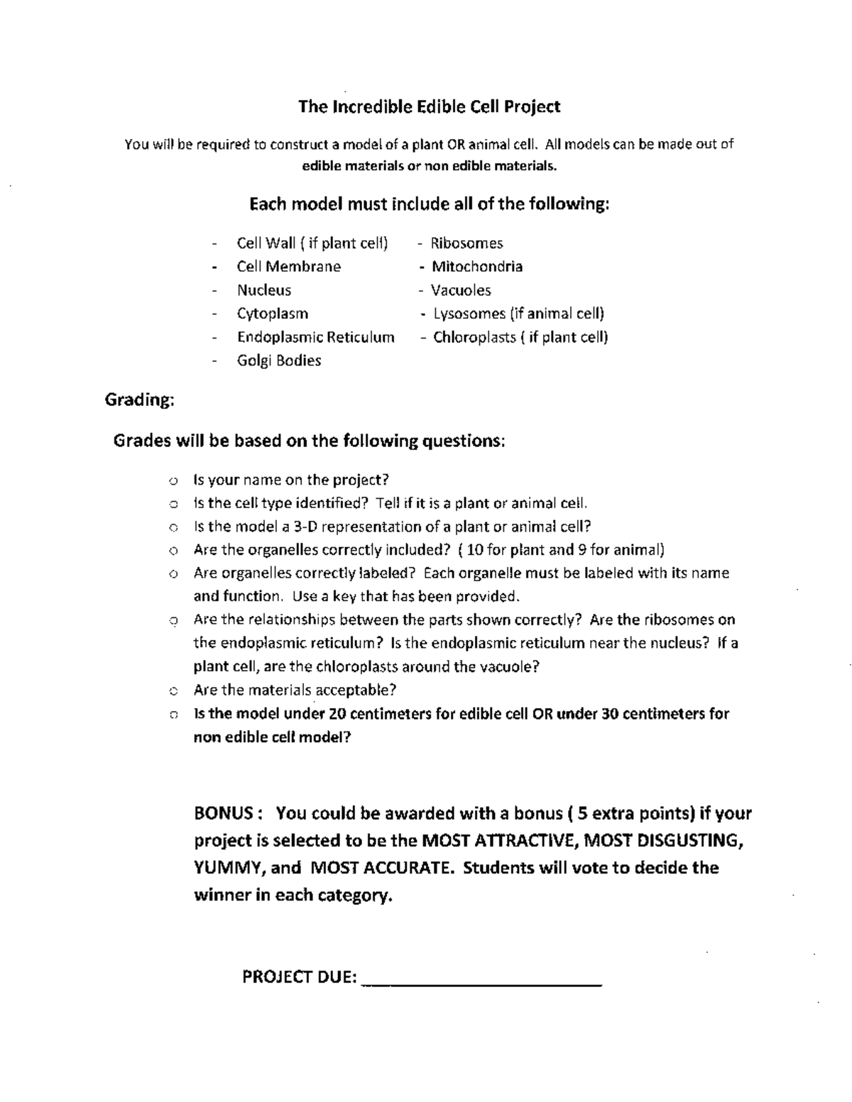 Incredible Edible Cell Project Packet - Biology 101 - Studocu