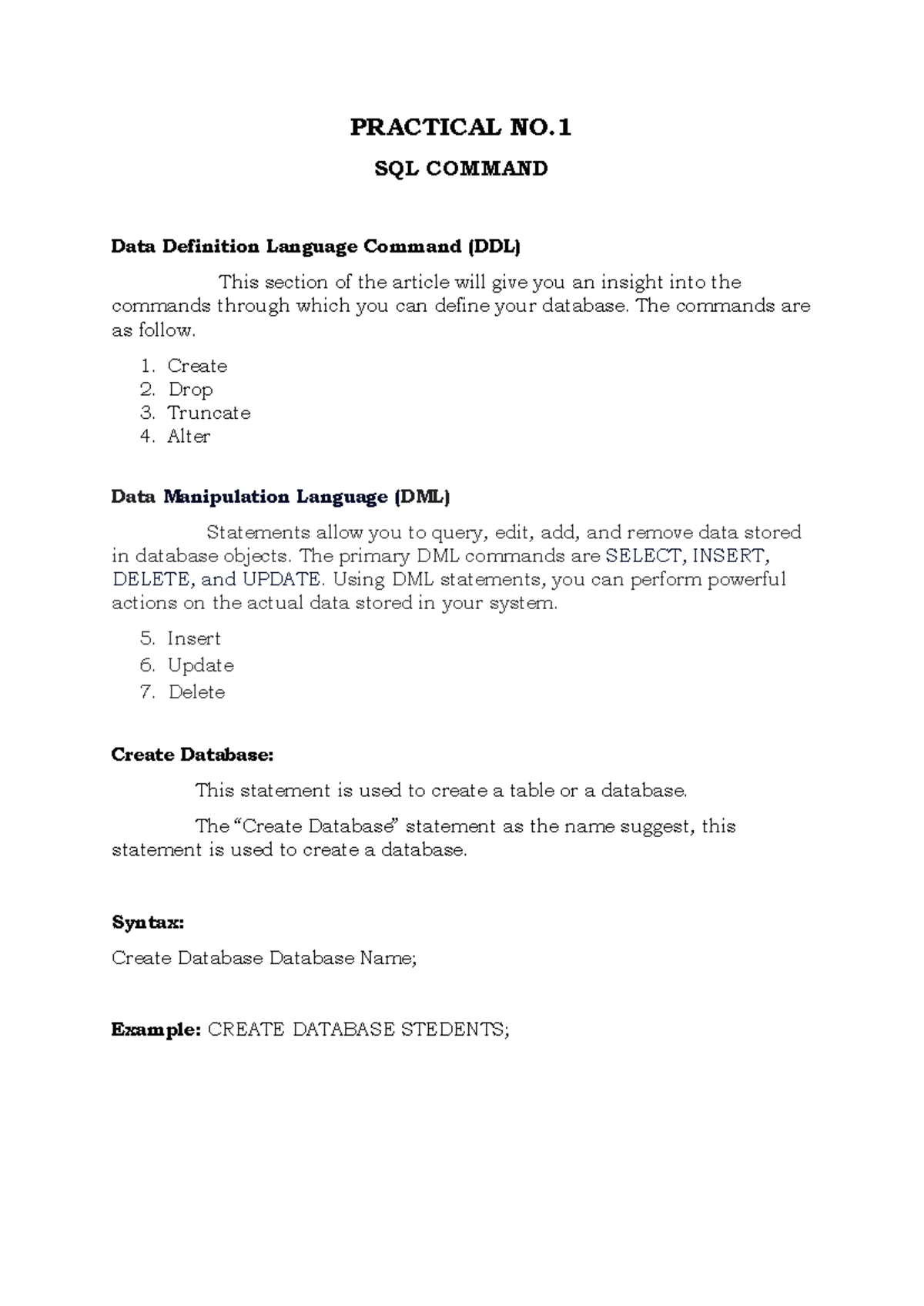 PRACTICAL NO.1 SQL DDL & DML Commands Overview - Studocu