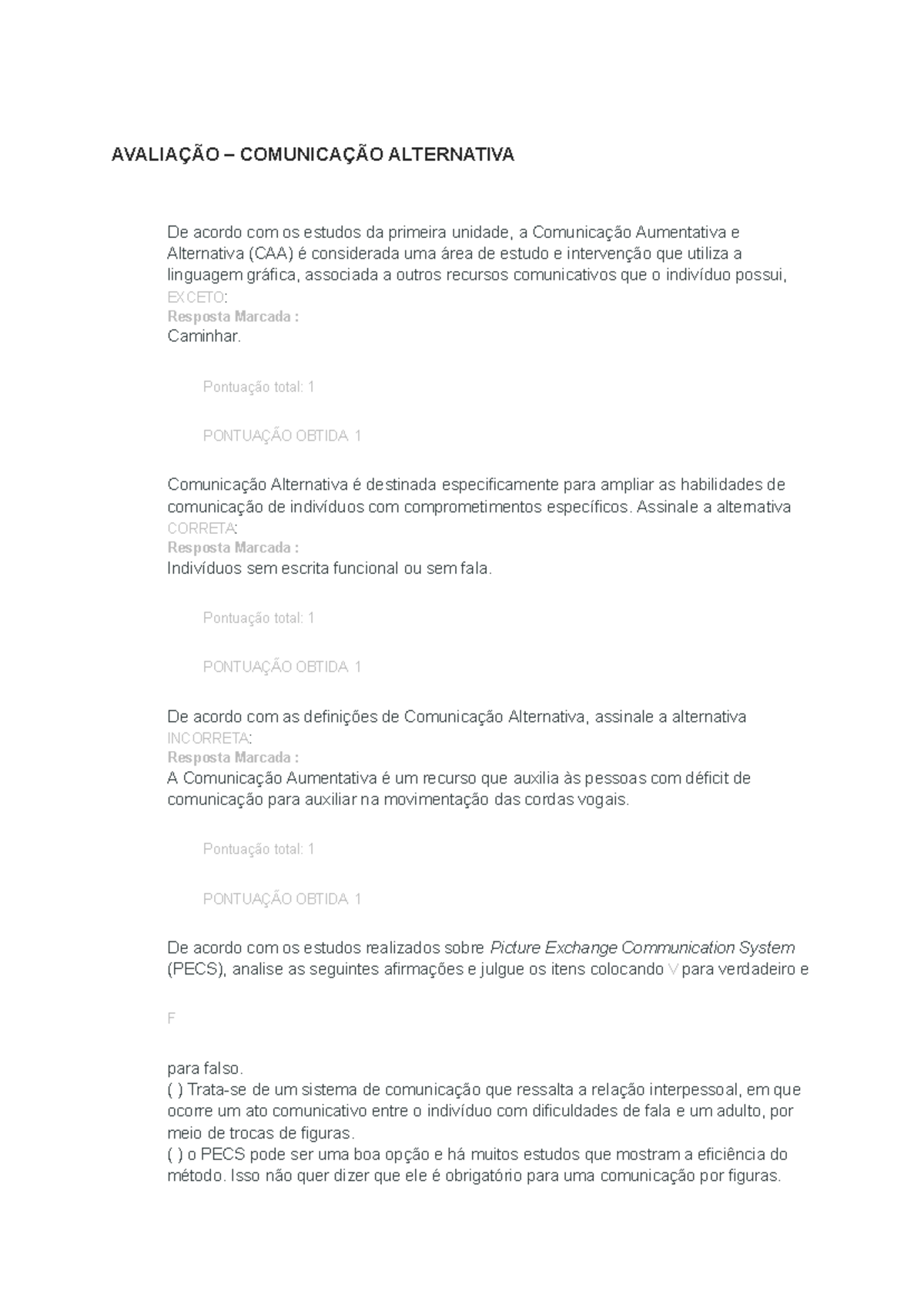 Avaliação CAA: Comunicação Alternativa e suas Abordagens - Studocu