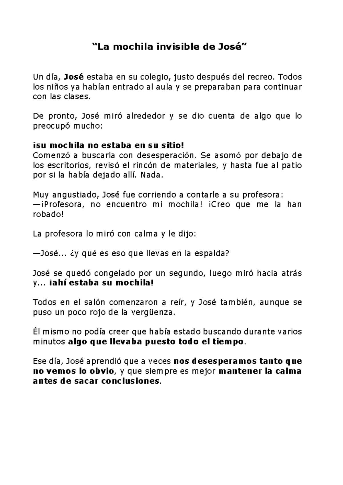 La mochila invisible de José: Una lección de calma y observación - Studocu