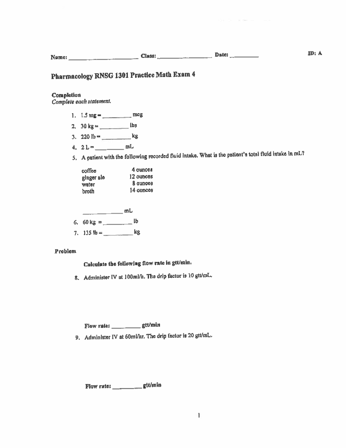 Practice Pharm Math Test 3 with Answers - Name: Class: Date: ID: A ...