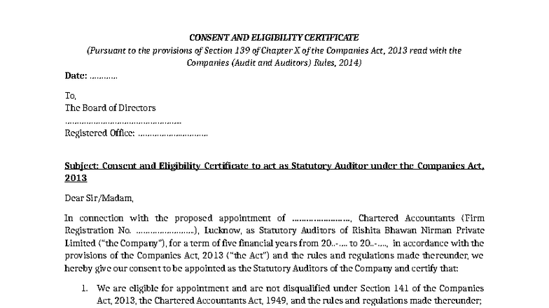 Consent and Eligibility Certificate for Statutory Auditor - Studocu