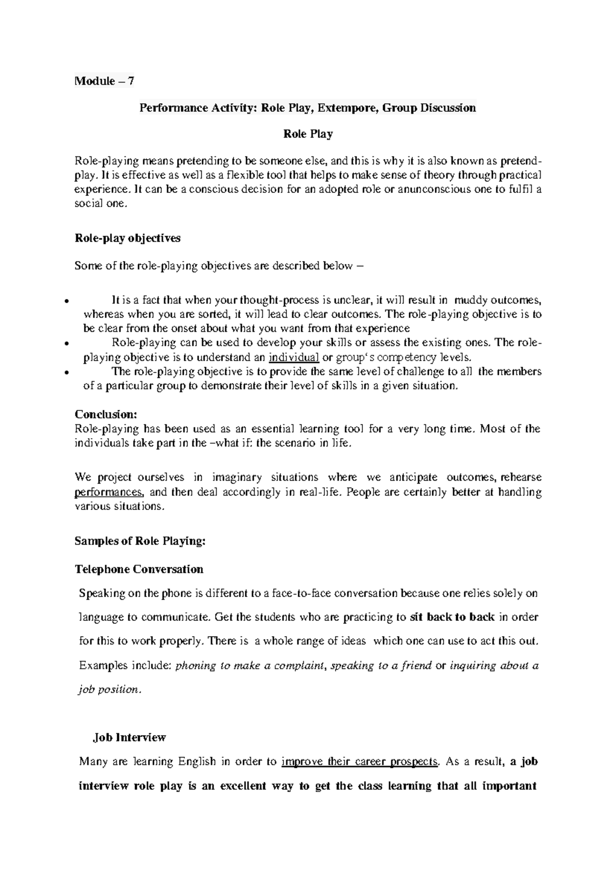 Module 7 - Lecture Notes - Module – 7 Performance Activity: Role Play ...