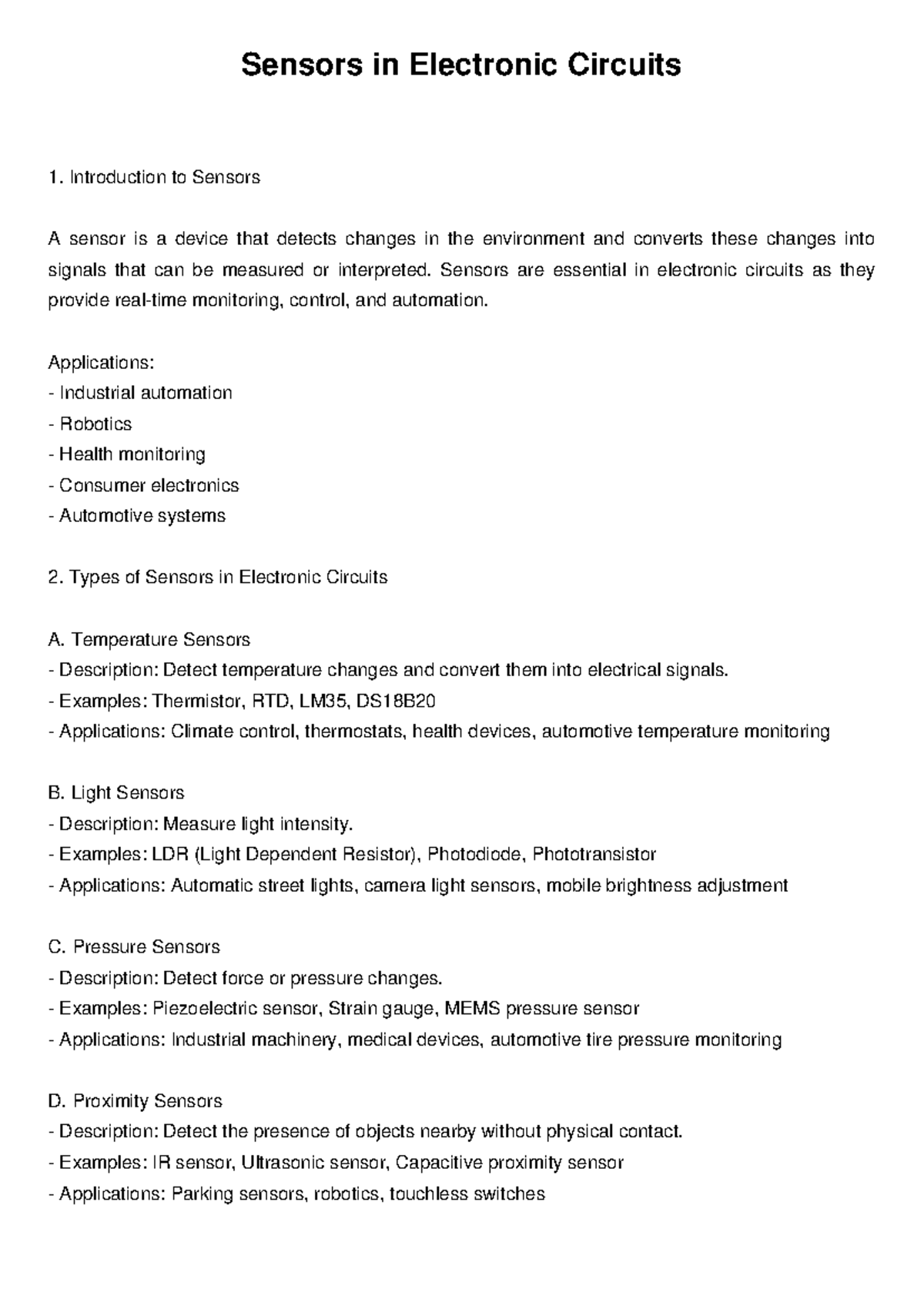 Sensors in Electronic Circuits: Types & Applications Overview - Studocu