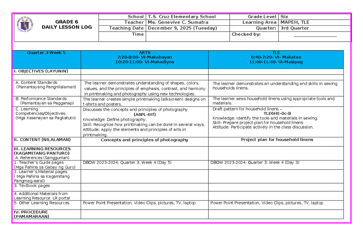 GRADE 6 DAILY LESSON LOG: Quarter 3 Week 5 in MAPEH & TLE - Studocu