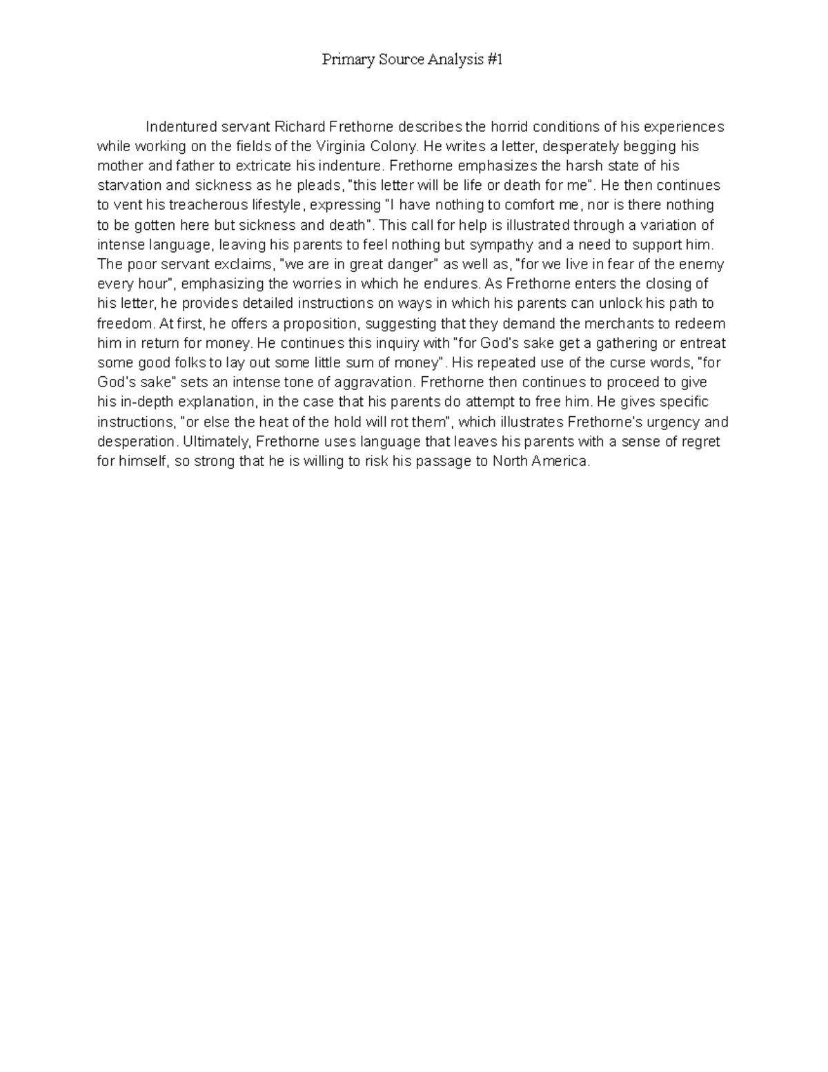 Primary Source Analysis #1: Richard Frethorne's Letter on Servitude ...