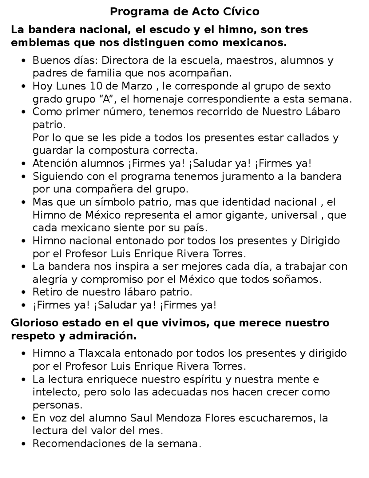 Programa de Acto Cívico: Homenaje a la Bandera y a México - Studocu