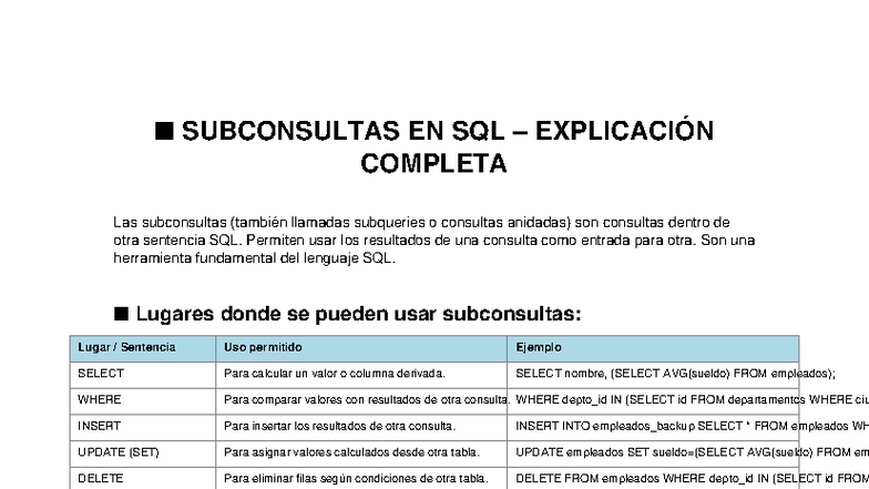 SUBCONSULTAS EN SQL: EXPLICACIÓN COMPLETA Y TIPOS - Studocu