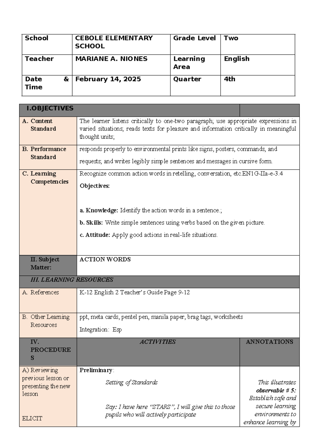 Grade 2 English Lesson Plan: Action Words for Q4 by M. Niones - Studocu