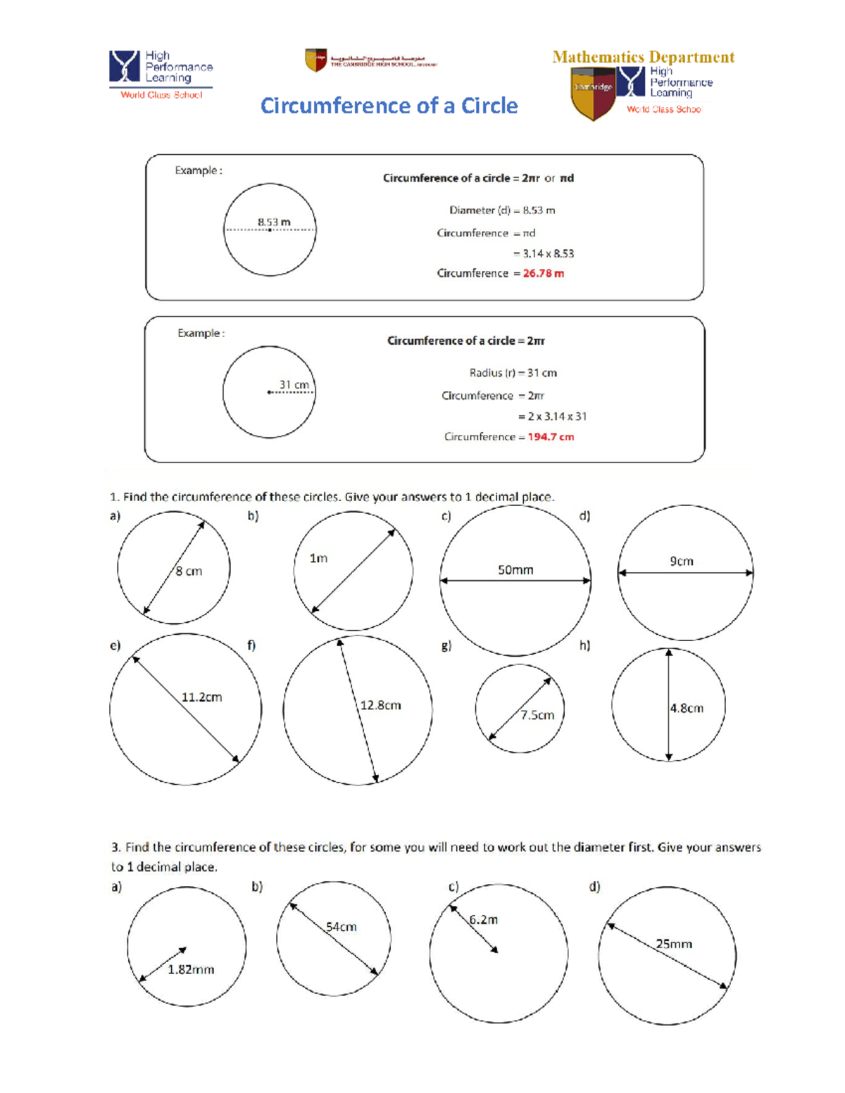 Year 8 Math WS: Circumference of a Circle Worksheet - Studocu