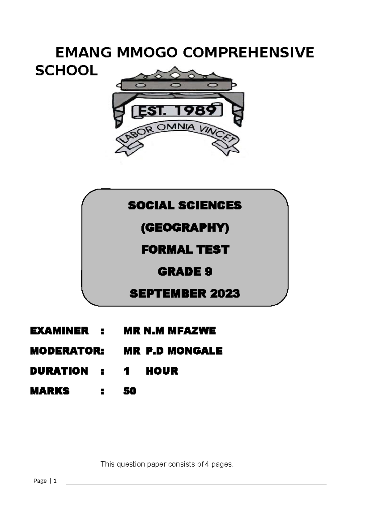 SS GEO GRADE 9 TERM 3 FORMAL TEST 2023 - Emang Mmogo School - Studocu