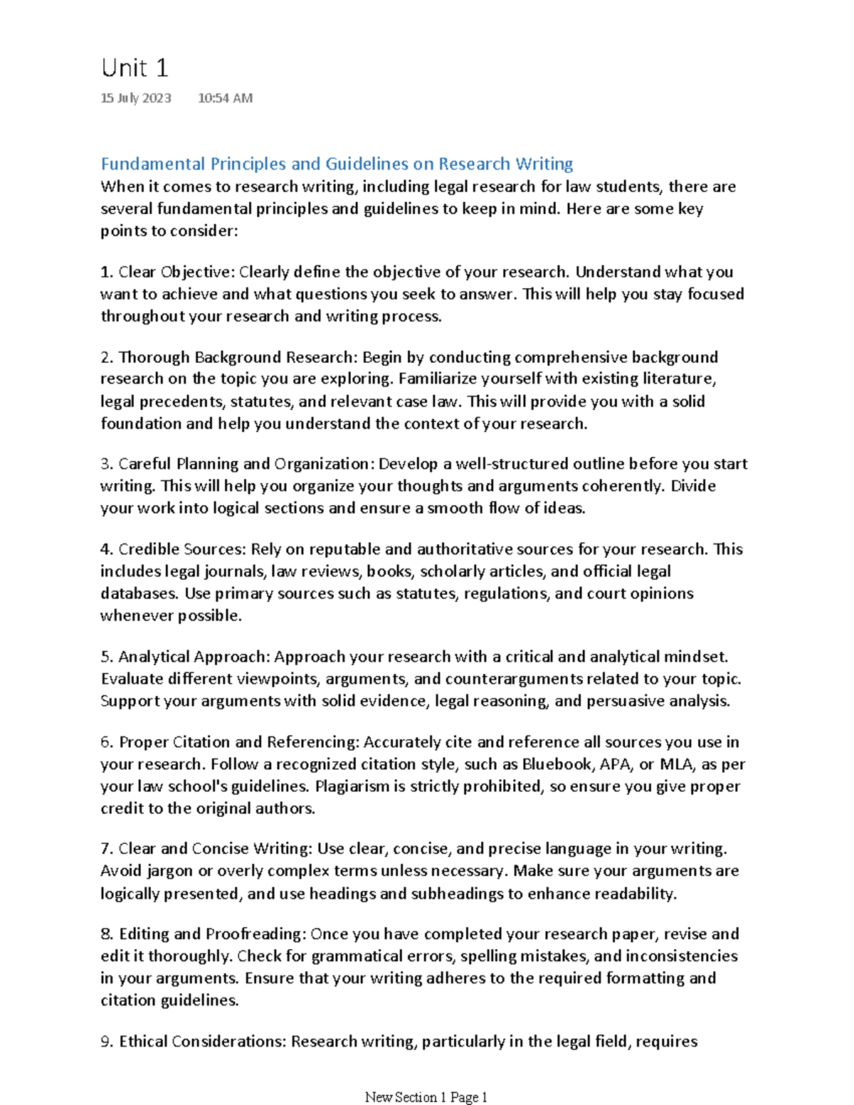 Unit 1 - Principles of Legal Writing and Research Guidelines - Studocu