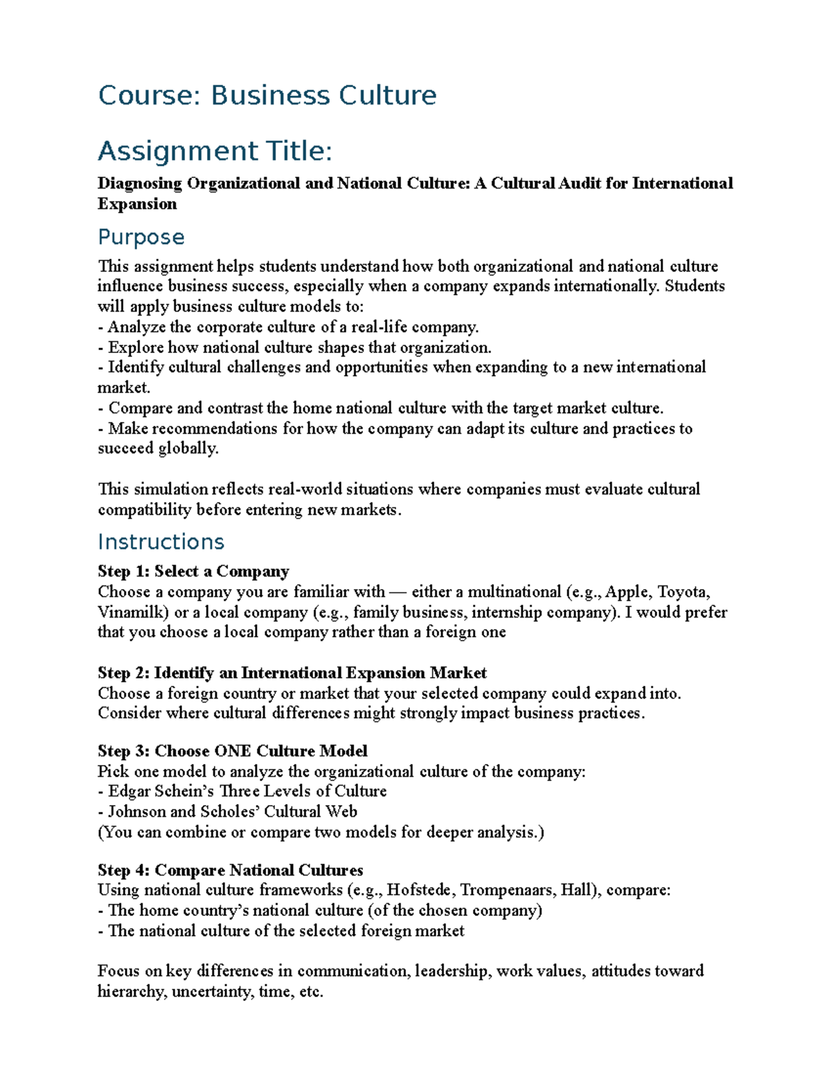 Business Culture Assignment: Cultural Audit for Global Expansion - Studocu