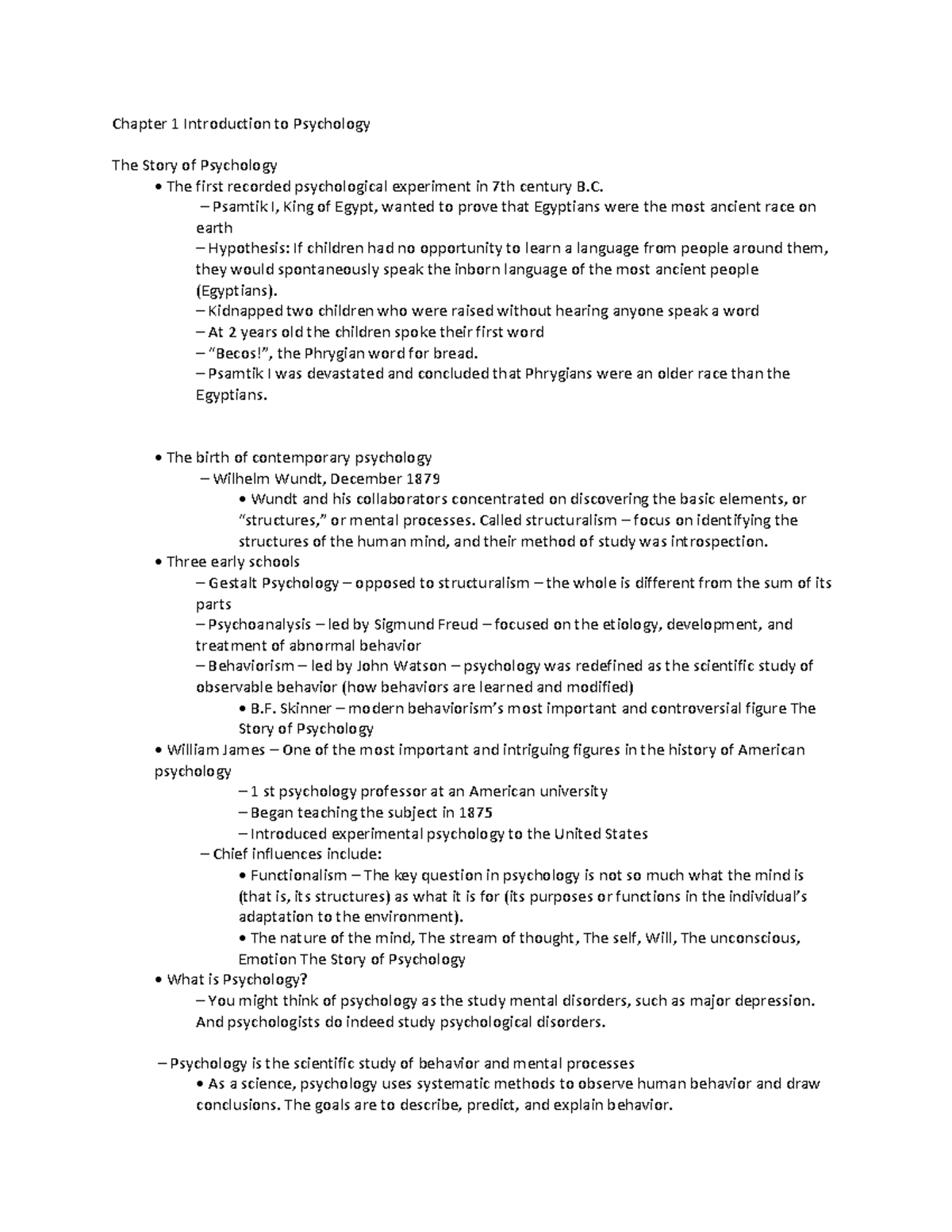 Chapter 1 and 2 psy notes - Chapter 1 Introduction to Psychology The ...