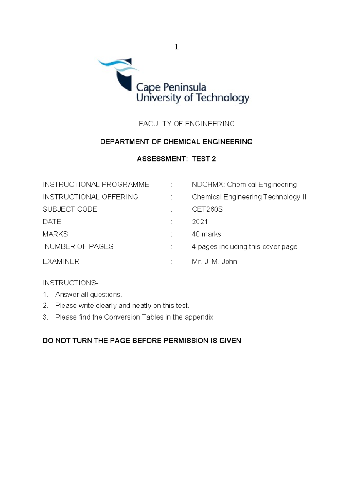 CET260S: Chemical Engineering Test 2 Assessment Notes - Studocu
