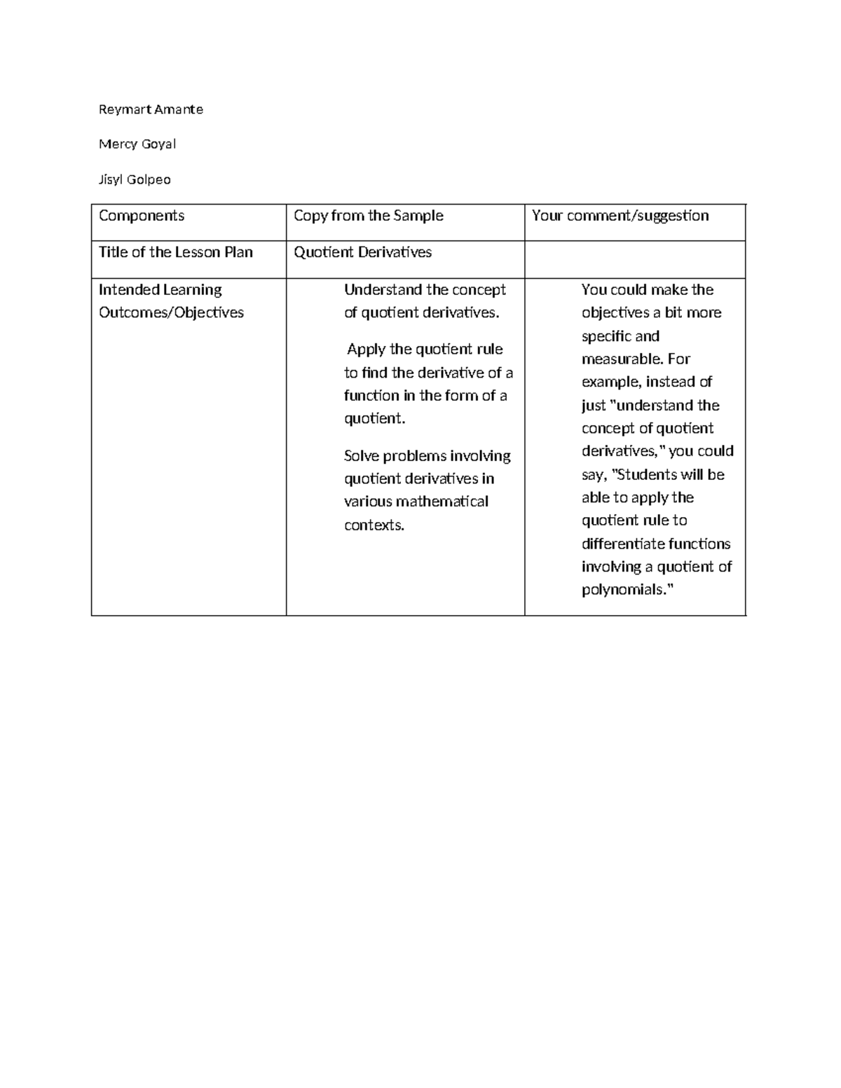 MATH 101 Lesson Plan: Understanding Quotient Derivatives - Studocu