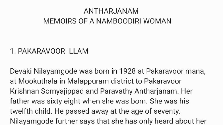 ANTHARJANAM: Memoirs of a Namboodiri Woman (Summary) - Studocu