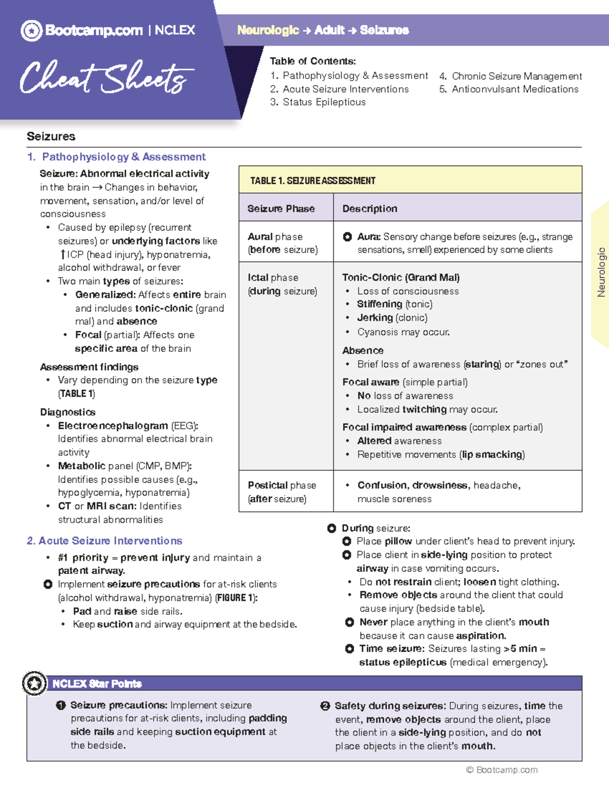 Seizures Cheat Sheet: Pathophysiology, Interventions & Management - Studocu