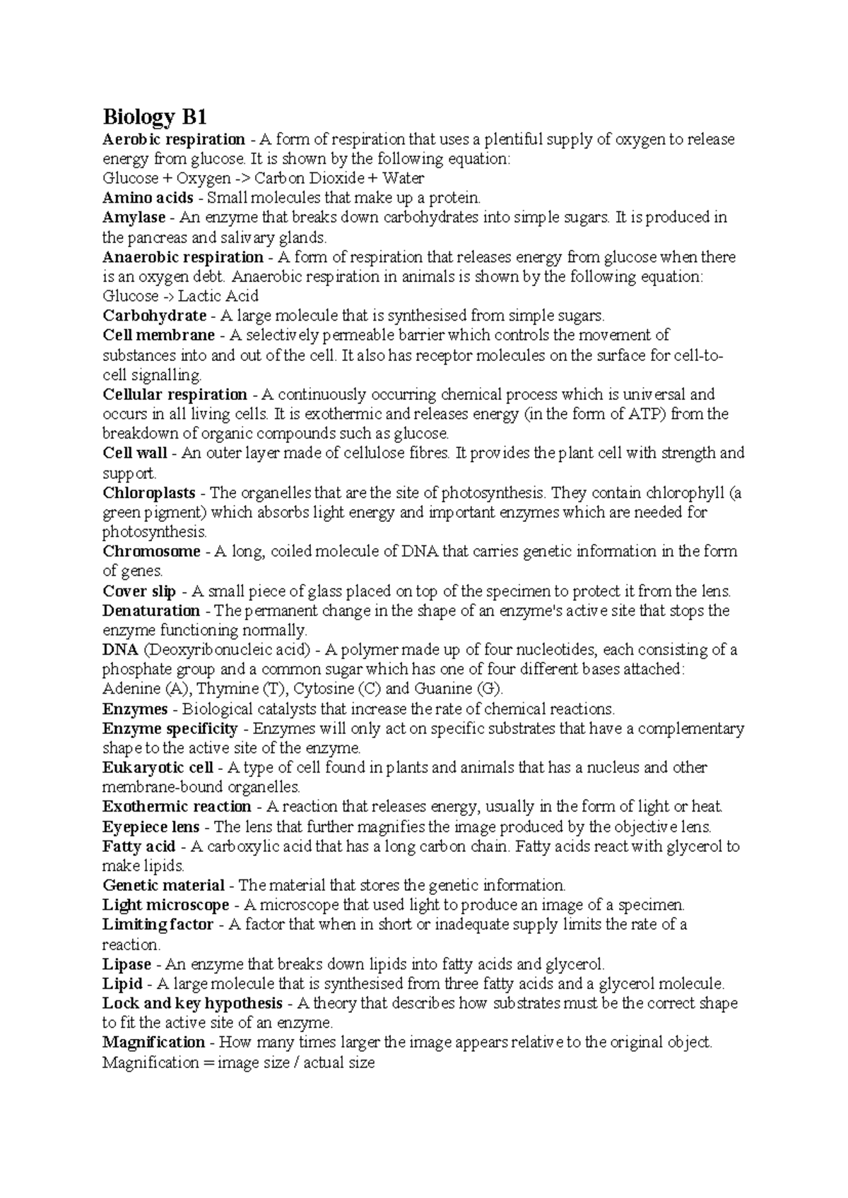 B1 Biology Definitions - Glossary of Key Terms for OCR A - Studocu