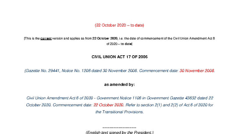 Civil Union Act 17 of 2006: Current Version as of 22 Oct 2020 - Studocu