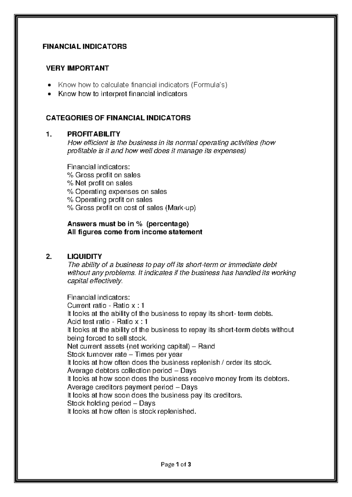 Financial Indicator Calculation & Interpretation Notes - Studocu