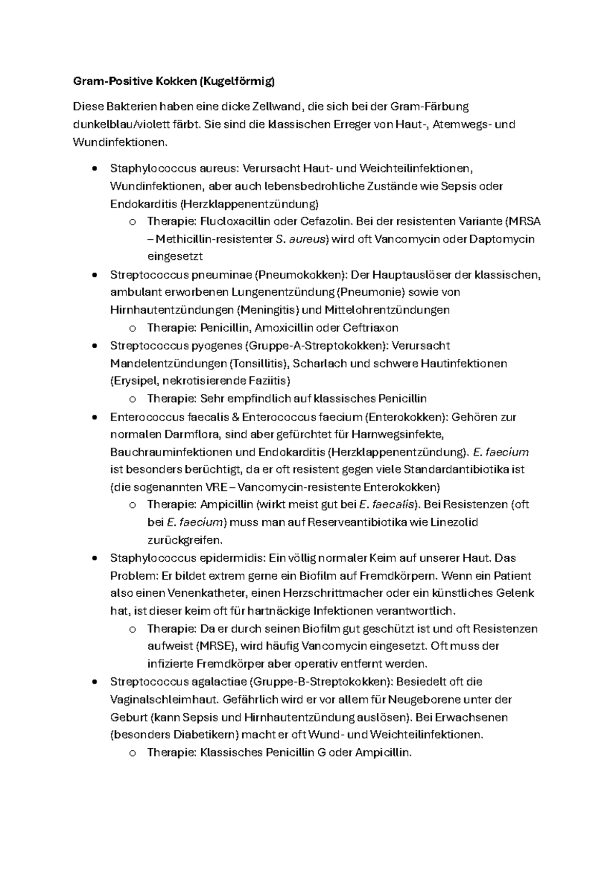 Bakterien Liste - Cheat Sheet für Medizin (Kurscode: MED101) - Studocu