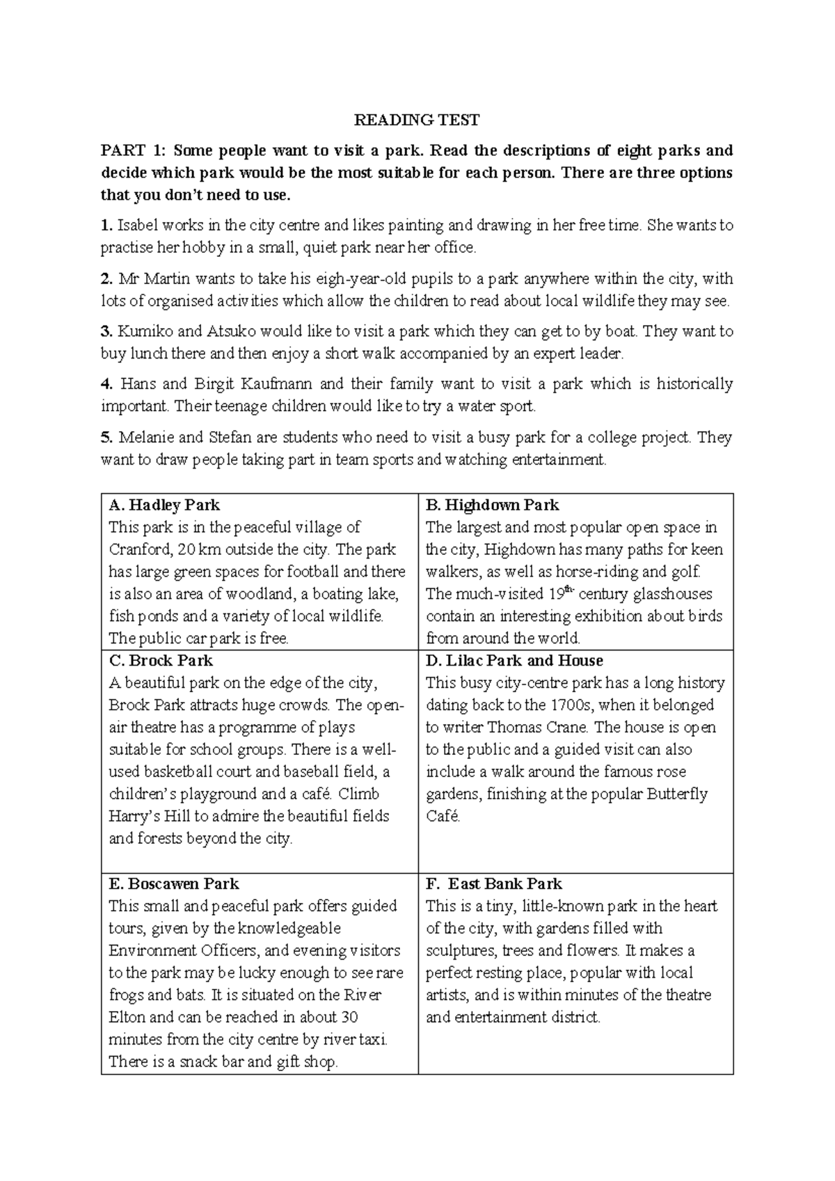 Reading Test Part 1: Park Descriptions and Activities - Studocu