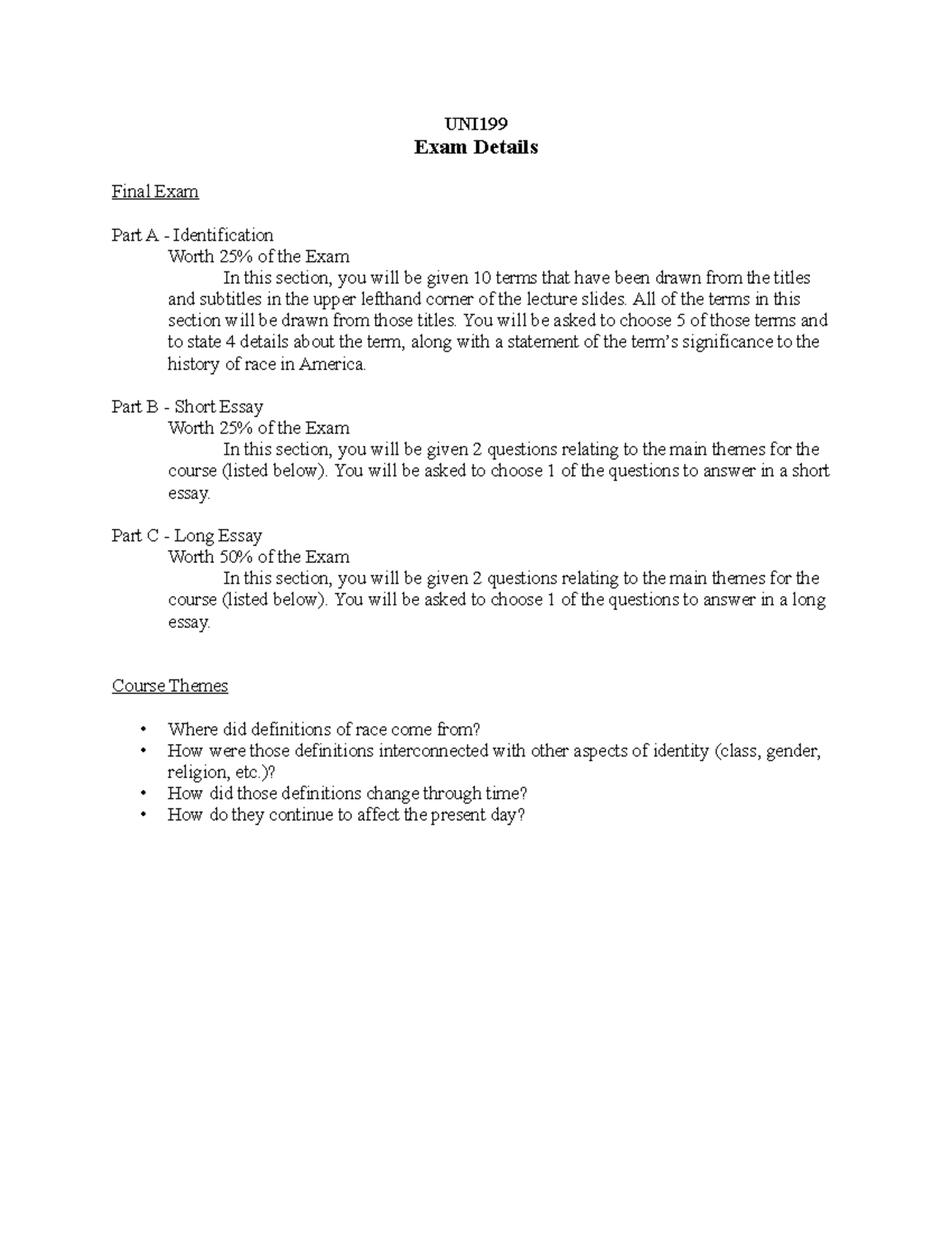 UNI199 Final Exam Details: Part A, B, and C Overview - Studocu