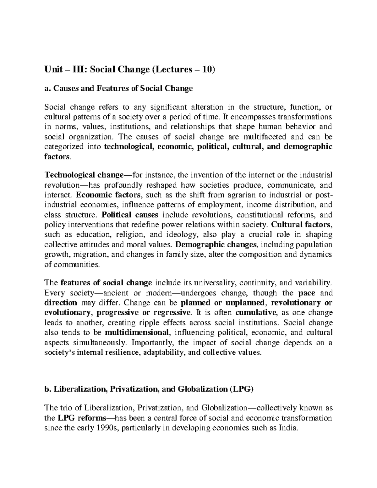 Unit 3 Sociology: Social Change, LPG, Urbanization & Modernization ...