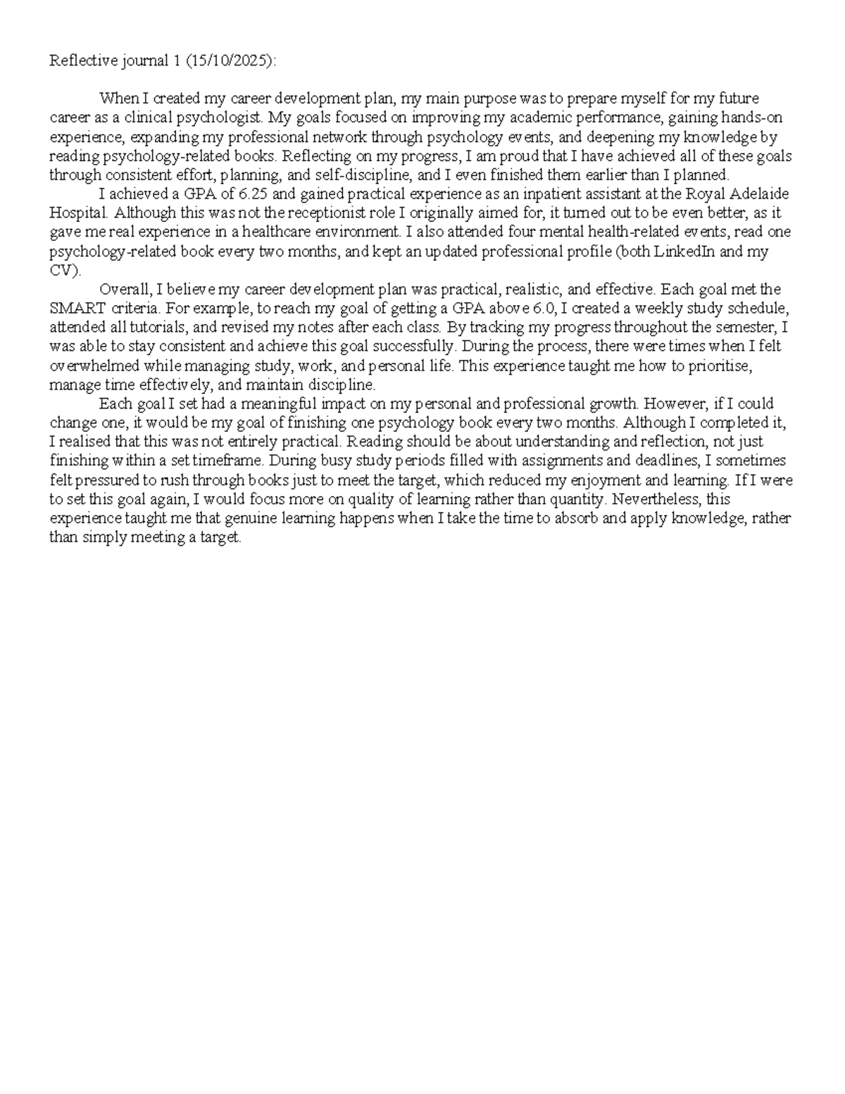 Reflective Journal 1 & 2: Career Development Plan Insights (PSY 2025 ...